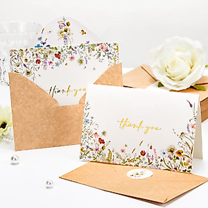 Crisky 4 Assorted Gold Foil WildFlowers Thank You Cards, (50 Cards with Envelopes for Birthday, Baby Shower, Bridal Shower, Wedding, All Occasion)
