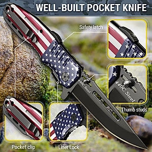 Bundle of 2 Items - Pocket Folding Knife - Military Style - Pocket Knife - Tactical Knife - Camping Hunting Knofe - Gray EDC Knife with Pocket Clip - Gift for Men - Stocking Stuffers