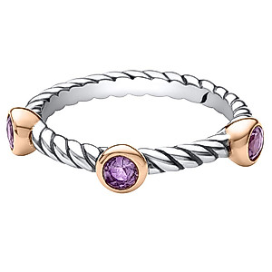 PEORA Amethyst 3-Stone Stackable Ring in Sterling Silver, Cable Rope Band for Women 2.1mm Sizes 8
