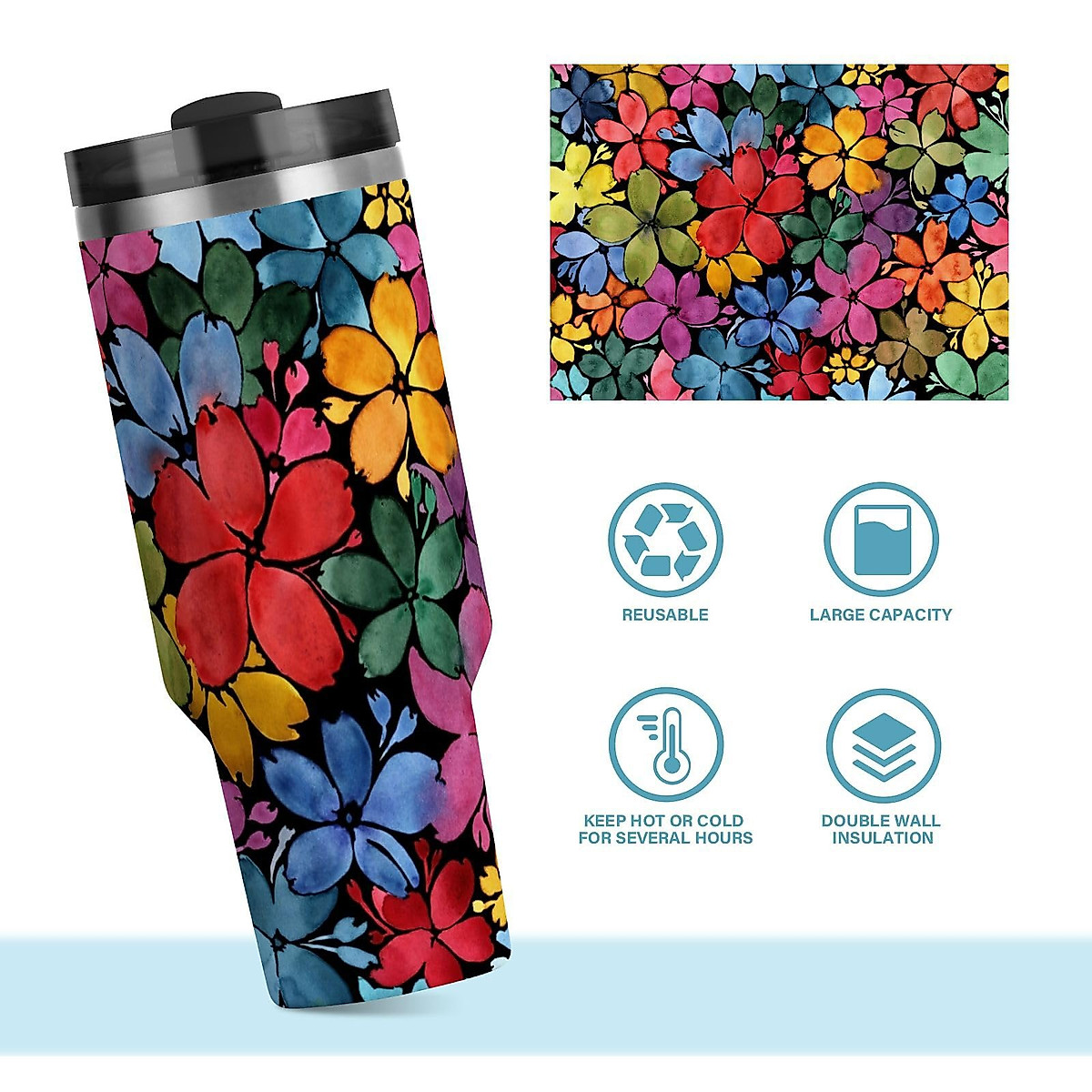 Yasala Car Tumbler with Handle Rainbow Flower Travel Mug Coffee Cup Insulated Beverage Container Mega Cup for Hot Cold Drinking Thermos Water Bottle Cupholder Friendly 40 oz