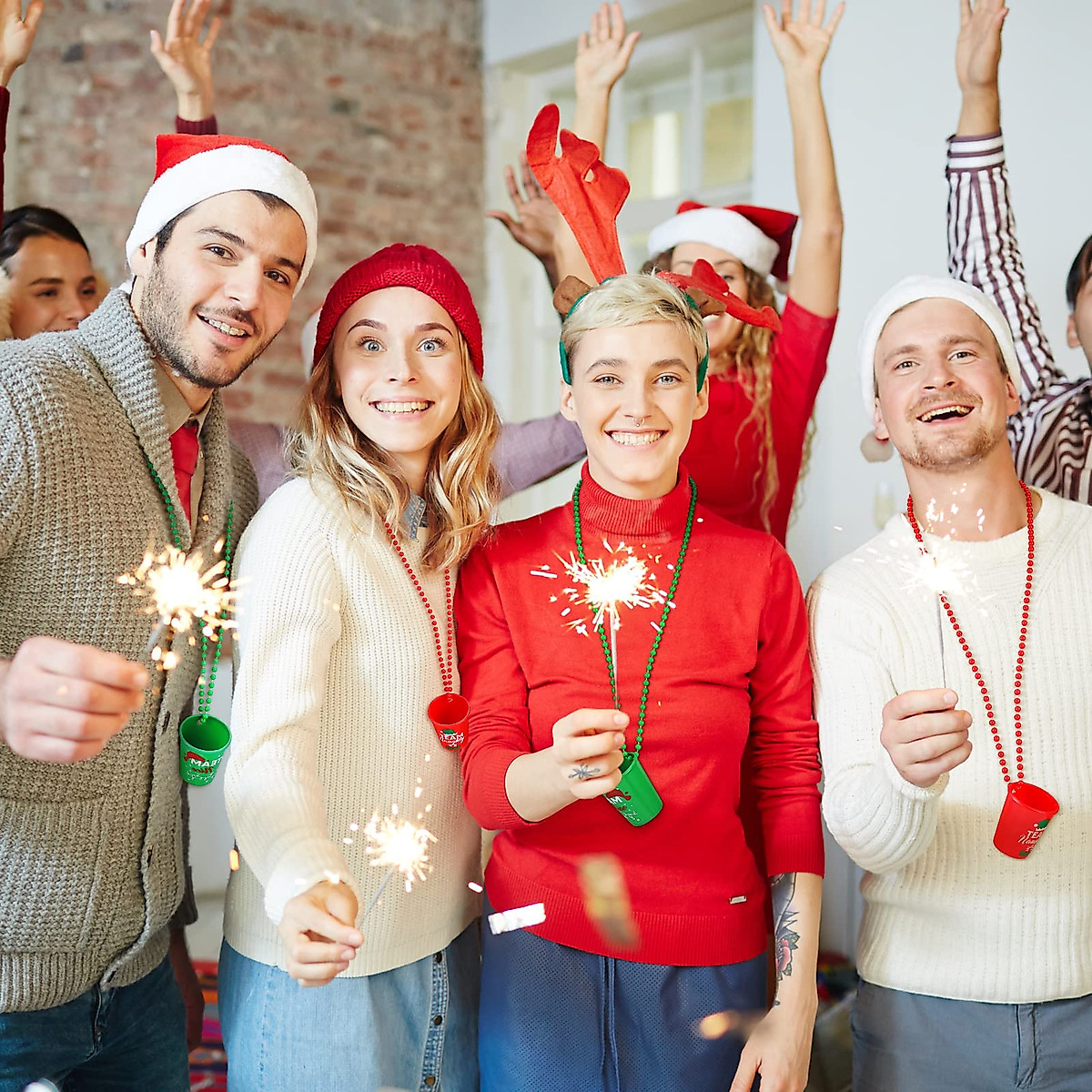 12 Pieces Christmas Shot Glass Necklace on Beaded Team Naughty Team Nice Shot Necklace Glass Plastic Red Beaded Necklace with Drinking Cup Green Shot Glasses for Christmas Party Decorations Supplies