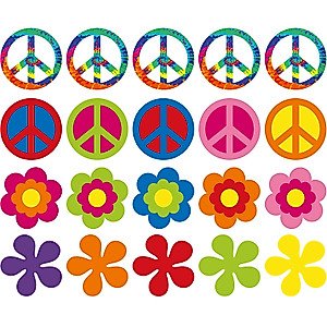 Gejoy 20 Pieces 60's Party Cutout 60's Groovy Party Cut-Outs Decoration Retro Flower Cutouts Peace Sign Cutouts with Glue Point Dots for 60 s Theme Party Decorations, 7.9 x 7.9 Inch