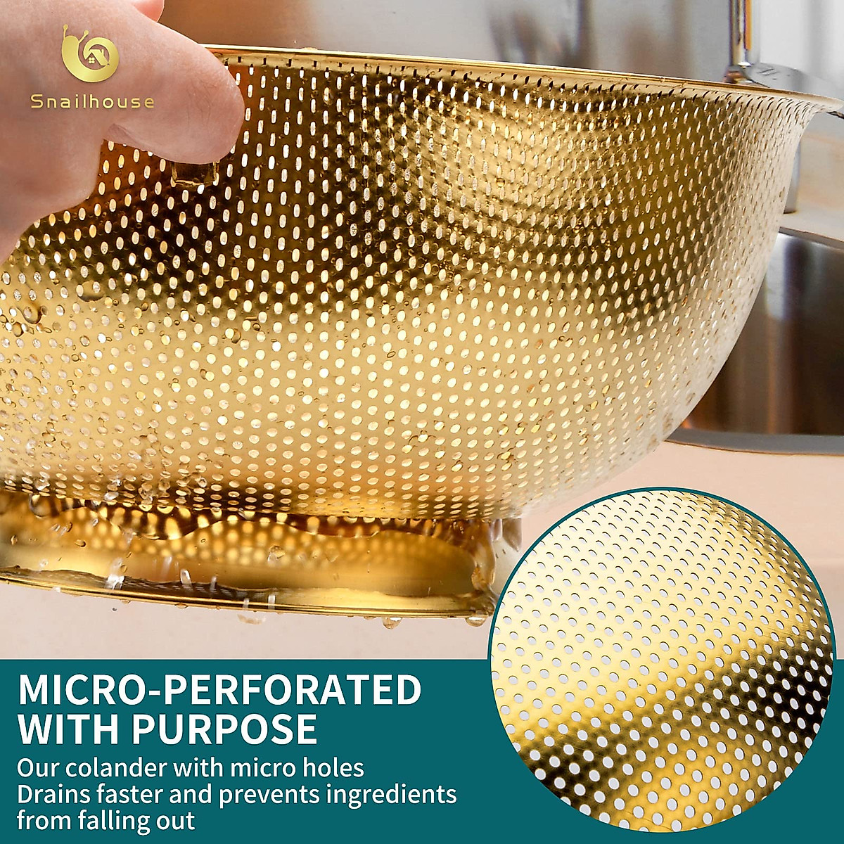 Snailhouse Colander, 3 Quart Stainless Steel Pasta Rice Food Metal Strainer with Handles and Self-draining Base for Kitchen, Gold
