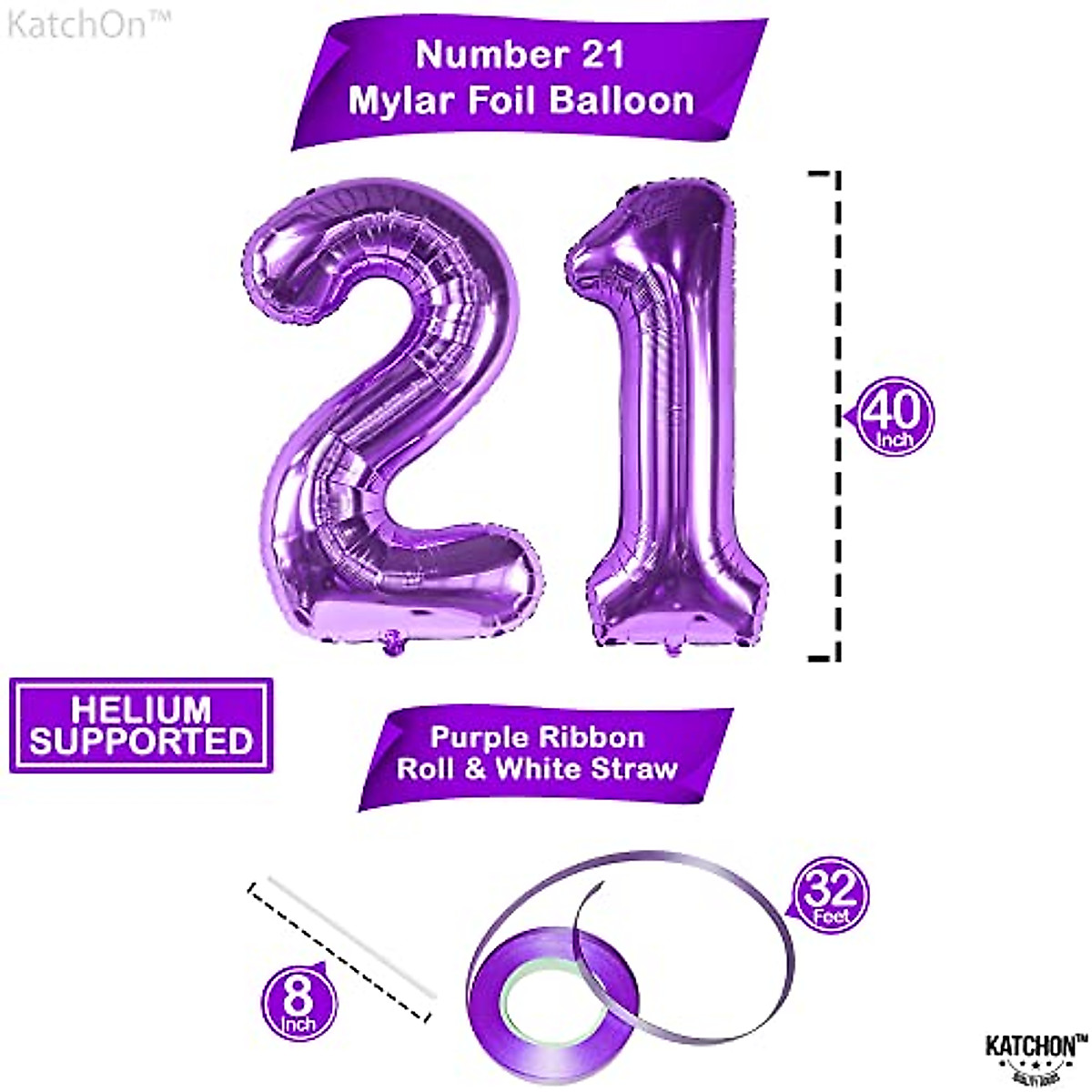 KatchOn, Giant Purple 21 Balloon Number - 40 Inch | 21 Year Old Balloon | Purple Number 21 Balloon, 21st Birthday Decorations for Women | 21 Birthday Balloon, 21st Birthday Party | 21st Anniversary