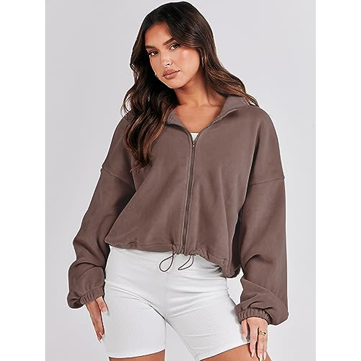 ANRABESS Jacket for Women Full Zip Oversized Fleece Crop Sherpa Coat Long Sleeve Drop Shoulder Stand Collar Drawstring Hem Soft Cozy Thick Trendy Winter Tops Outfits 1097qianzong-L