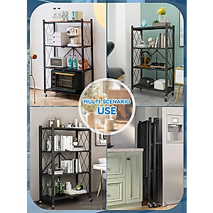 Lanstics 4 Tier Foldable Folding Shelves Heavy Duty Storage Shelving with Wheels Metal Shelf Standing Shelves Units for Home Kitchen Living Room Black