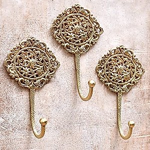 Indian Shelf Brass Hooks for Keys to Hang - Boho Wall Hooks - Decorative Hooks - Shabby Chic French - Vintage Hooks - Antique Coat Hooks - Vintage Key Hooks - Gold Wall Hooks - 3 Pieces