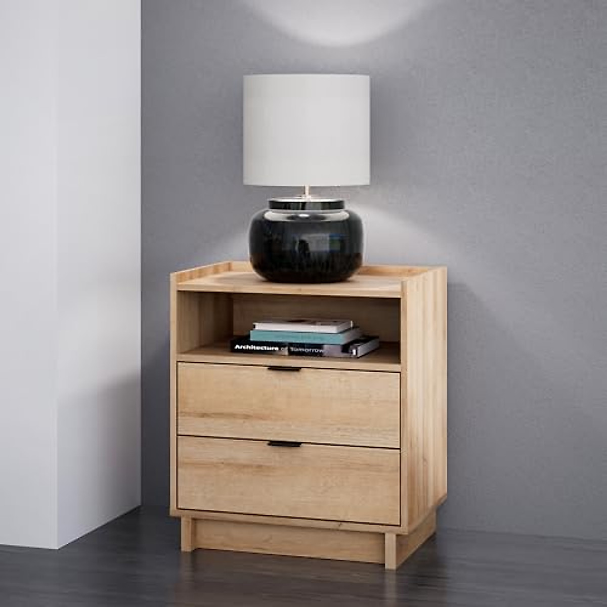Prepac Simply Modern Nightstand Bedside Table, Natural Oak Nightstand for Bedroom, End Table with 2 Drawers and Open Shelf 23.75" W x 26.75" H x 16" D