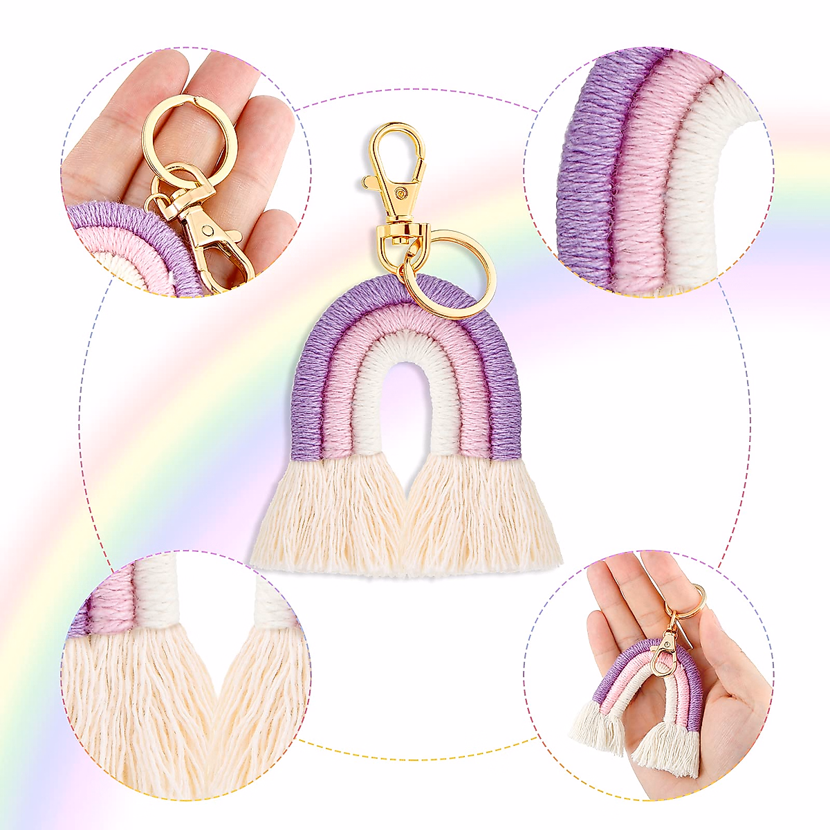 Jadive 5 Pieces Rainbow Macrame Keychain Weaving Rainbow Tassel Keychains Car Keyring Holder Jewelry for Women(Cute Colors)