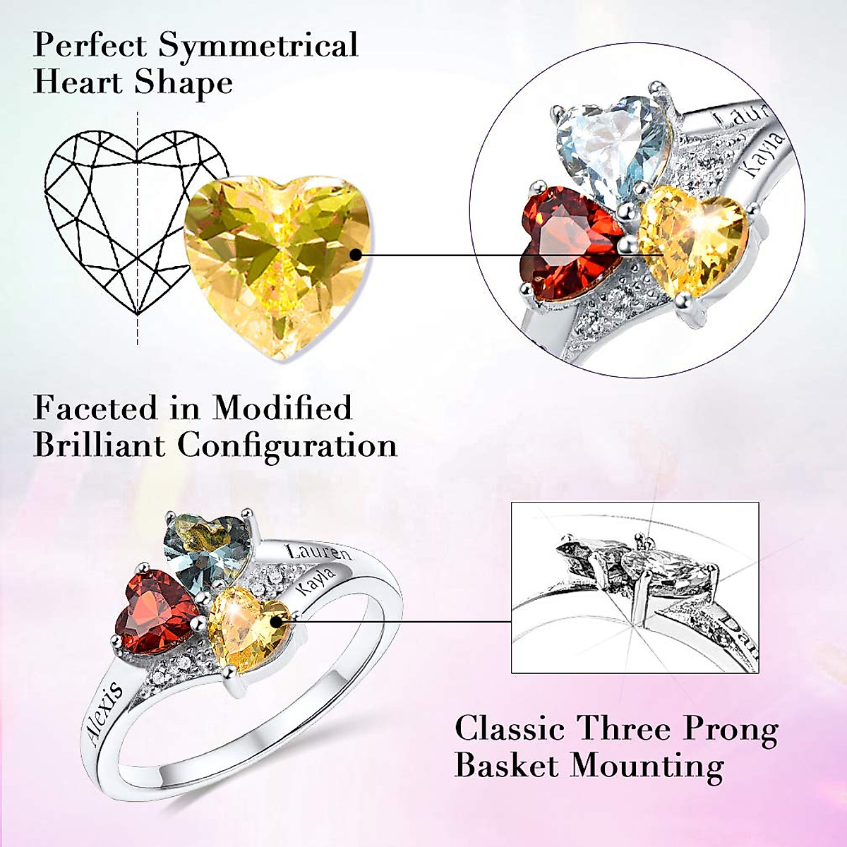 Custom4U Personalized Family Ring with 3 Birthstones Customized 925 Sterling Silver Ring with Names Crystal AAA+ Cubic Zirconia Stones Jewelry Elegant Finger Decoration for Women