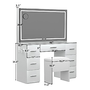 VALONDINO Makeup Vanity Desk with Power Outlet, 46'' Glass Top Vanity Set, 7 Drawers Vanity Table with Cushioned Stool, 3 Lighting Modes Brightness Adjustable,White