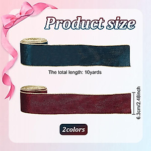 WEBEEDY 2 Rolls Christmas Velvet Ribbon Red Green Velvet Gold Trim Wire Edge Ribbon for Home Decor Gift Wrapping Christmas DIY Crafts, 20 Yards in Total