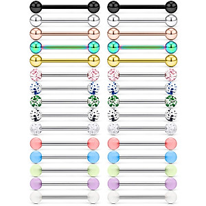 SCERRING 15 Pairs 14G Stainless Steel Tongue Barbell Ring Nippleings Nipple Rings Shinny Acrylic Glow in Dark Balls Body Piercing Jewelry Retainer 16mm