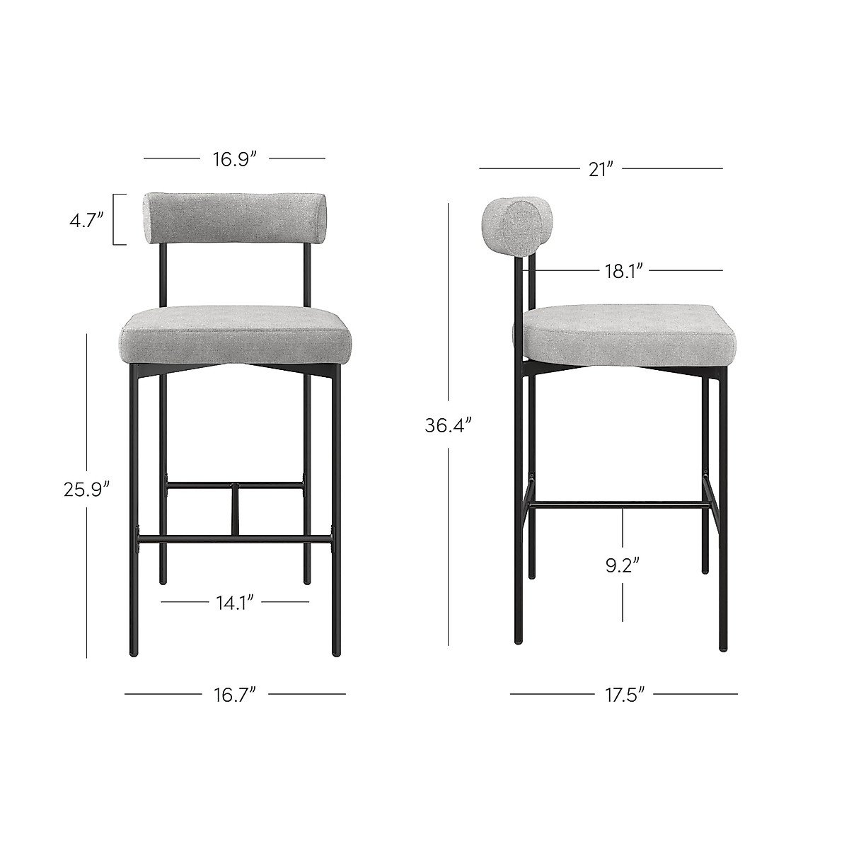 Nathan James Dahlia Counter Height Chair, Modern Barstool with Back, Mid-Century Metal Legs and Padded Cushion for Kitchen, Island and Bars, Light Grey/Black