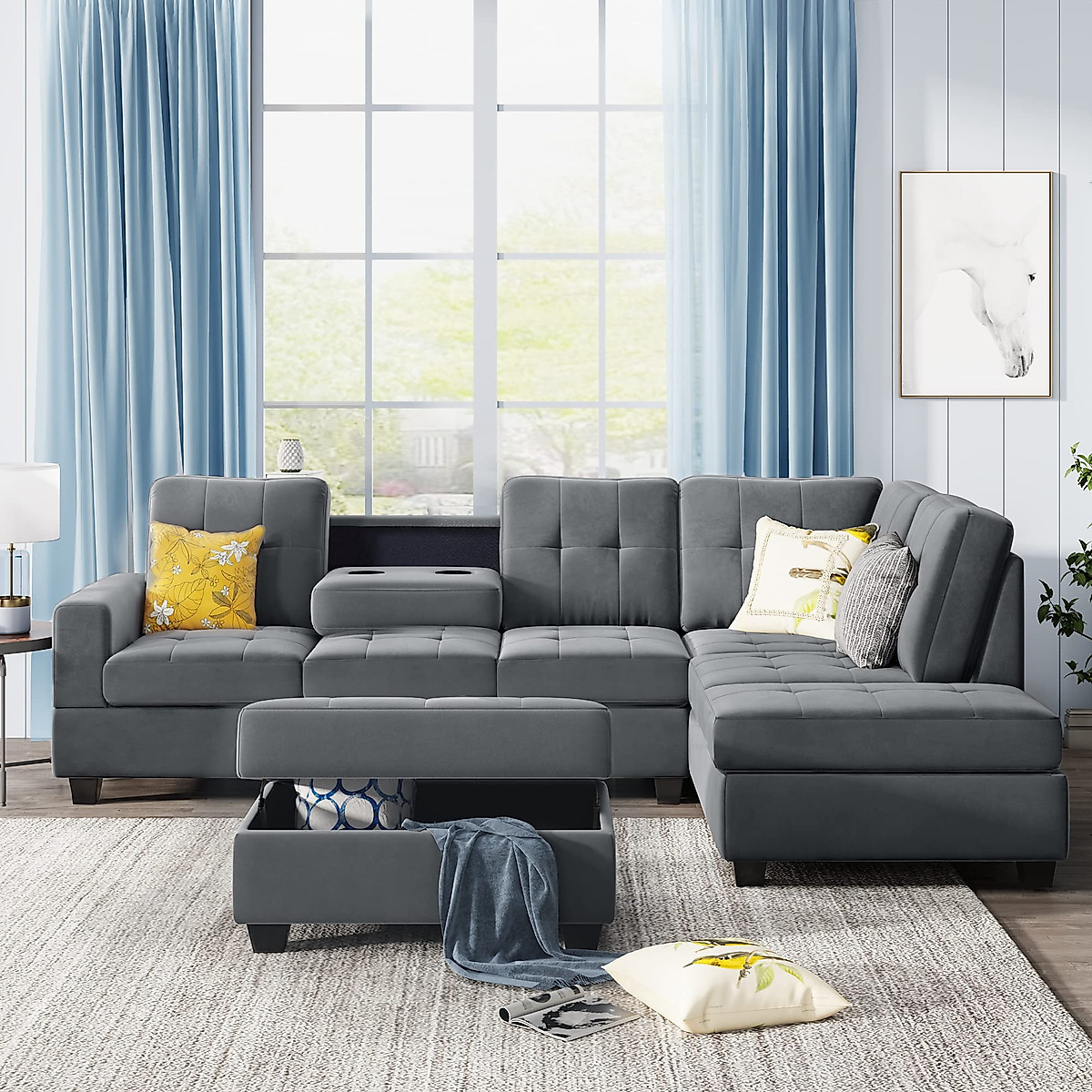 Merax L Shaped Sectional Sofas 3-Seat Sofa Sets Sectional Sofa Couches with Reversible Chaise Lounge, Cup Holders and Storage Ottoman for Living Room Furniture (Grey)