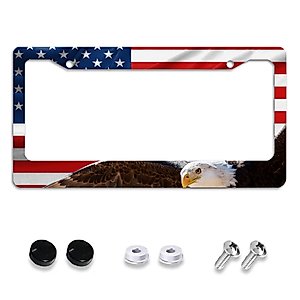 Smoaffly License Plate Frame,Eagle American Flag Tag Decorative Aluminum Metal Cover for Women,U S Canada Standard,Auto Vehicle Accessories 2 Holes with Screw Caps—12x6 Inch