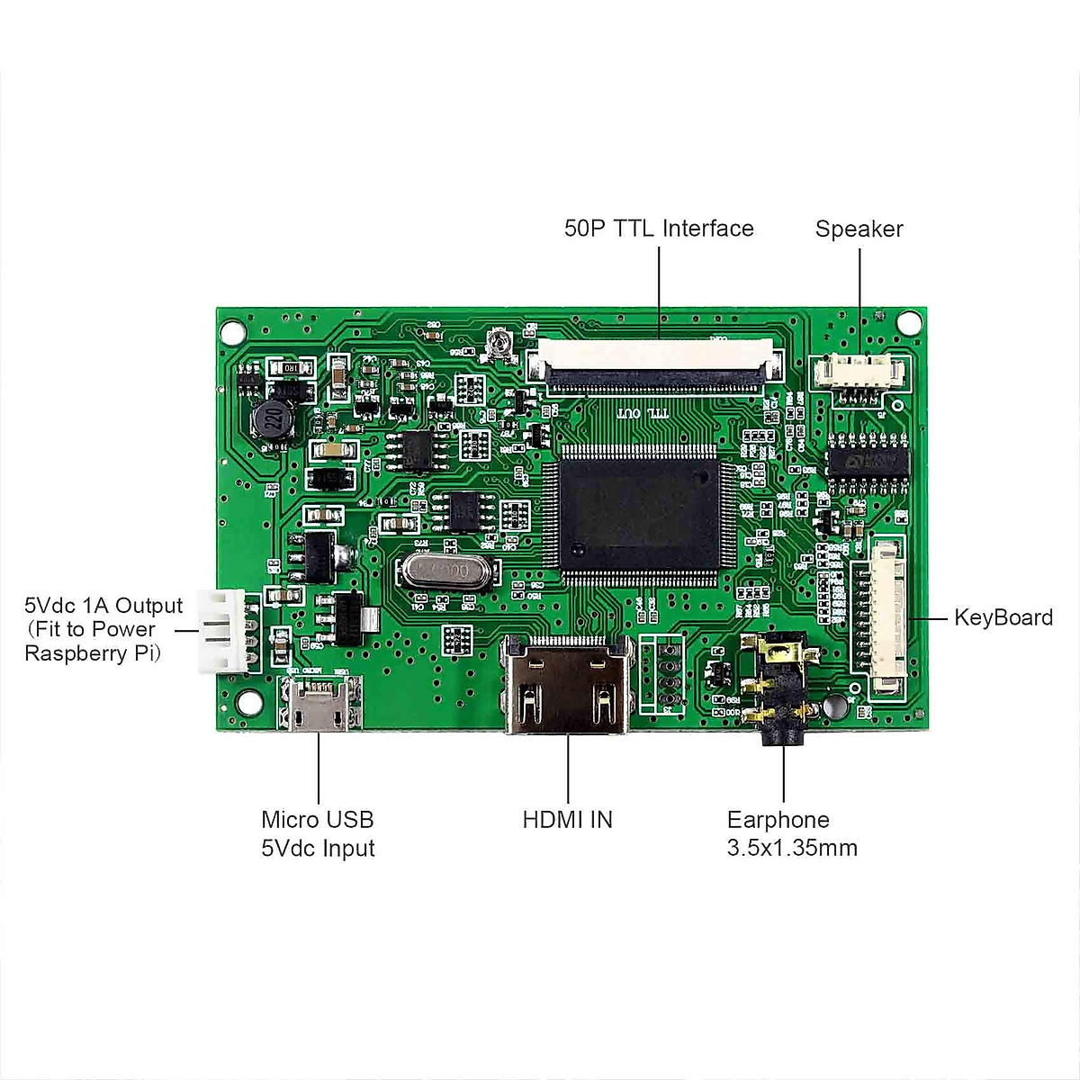 VSDISPLAY 7" 7 inch 1024x600 HD 400nit 50 pins IPS LCD Screen and HD-MI Controller Board,with Micro USB Power Cable
