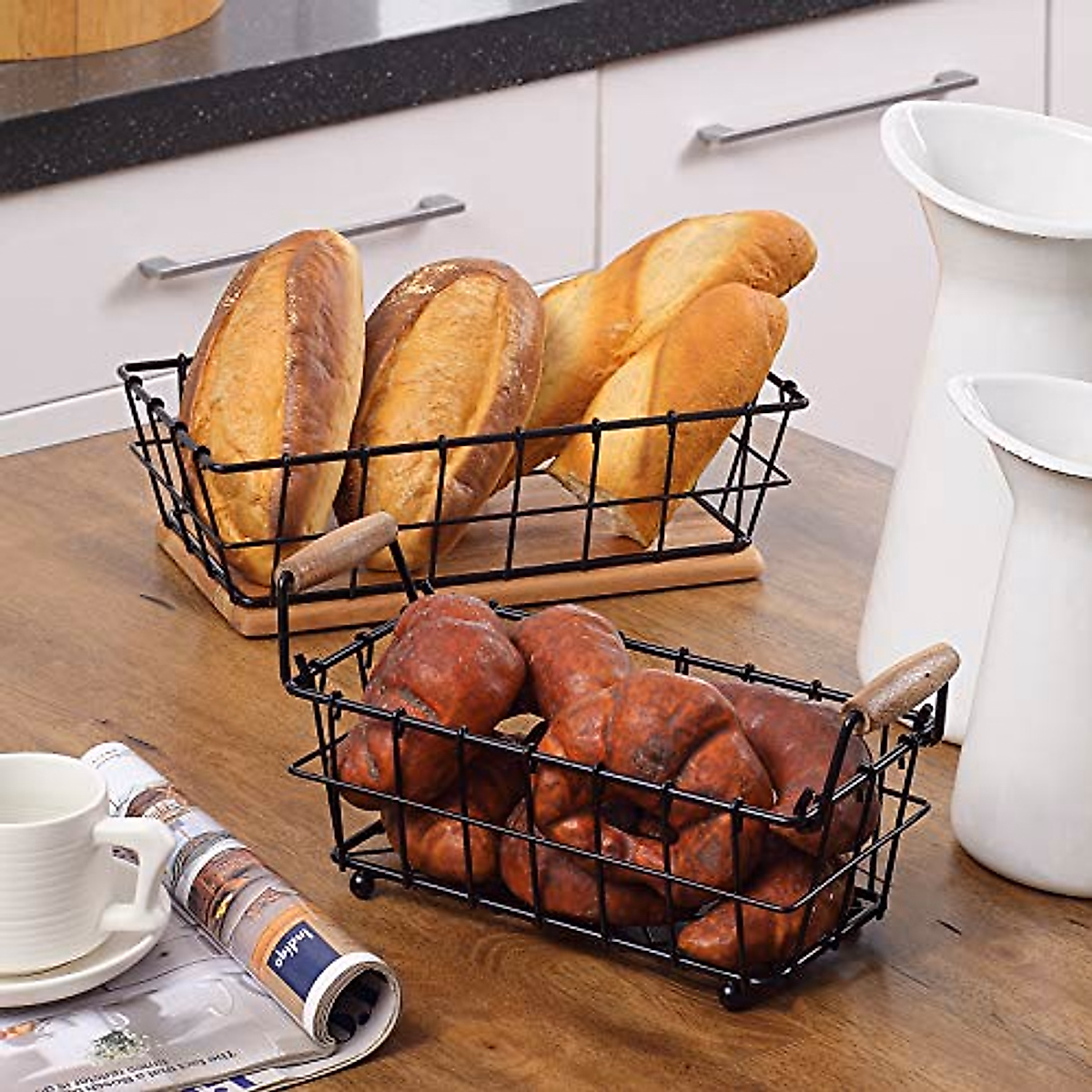 SunnyPoint 2-Tier Rectangle Countertop Fruit, Bread Wire Basket (Black, Metal + Wood base)