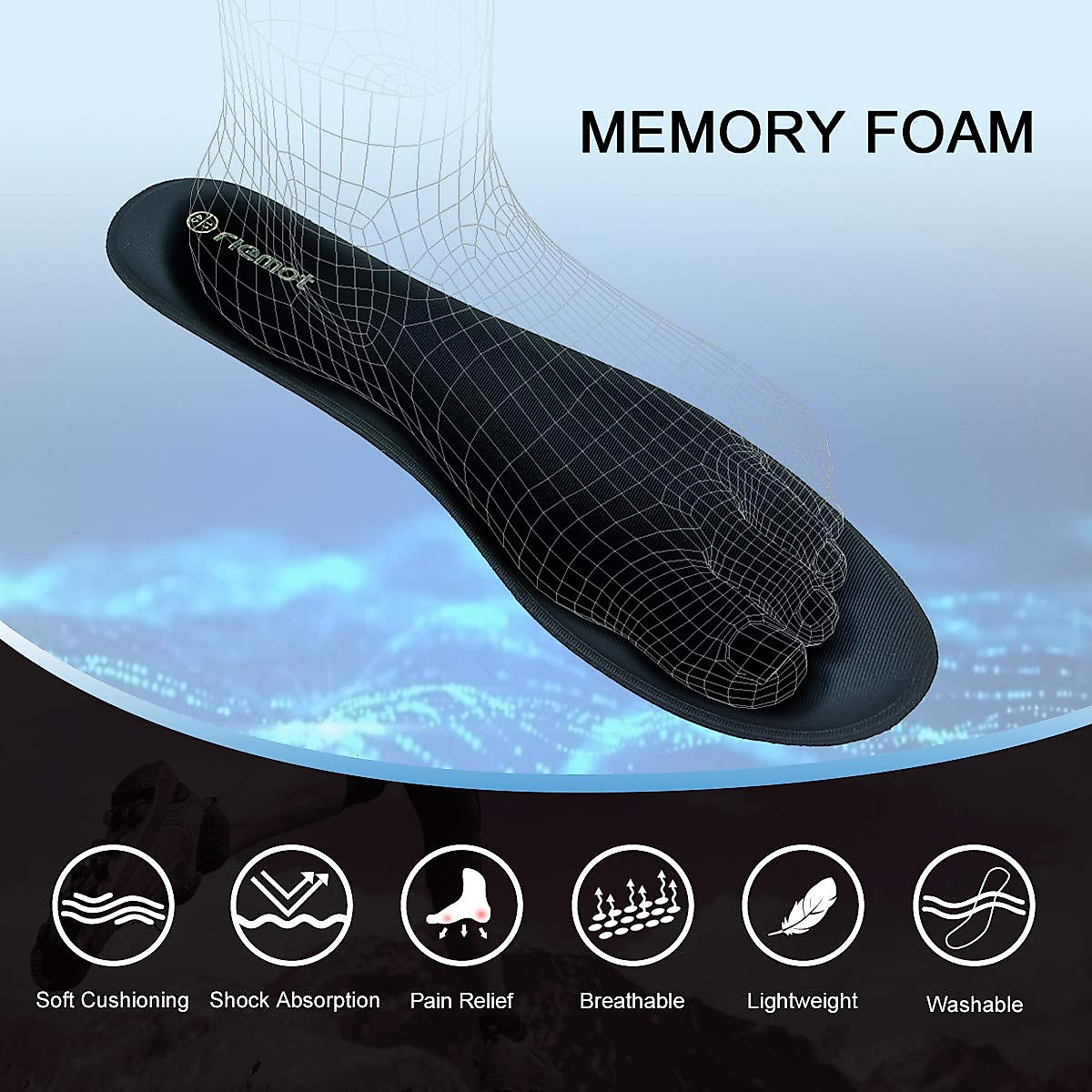 riemot Men's Memory Foam Insoles Super Soft Replacement Innersoles for Running Shoes Work Boots Comfort Cushioning Shoe Inserts Black US 8 / EU 41, 10 Women/8 Men