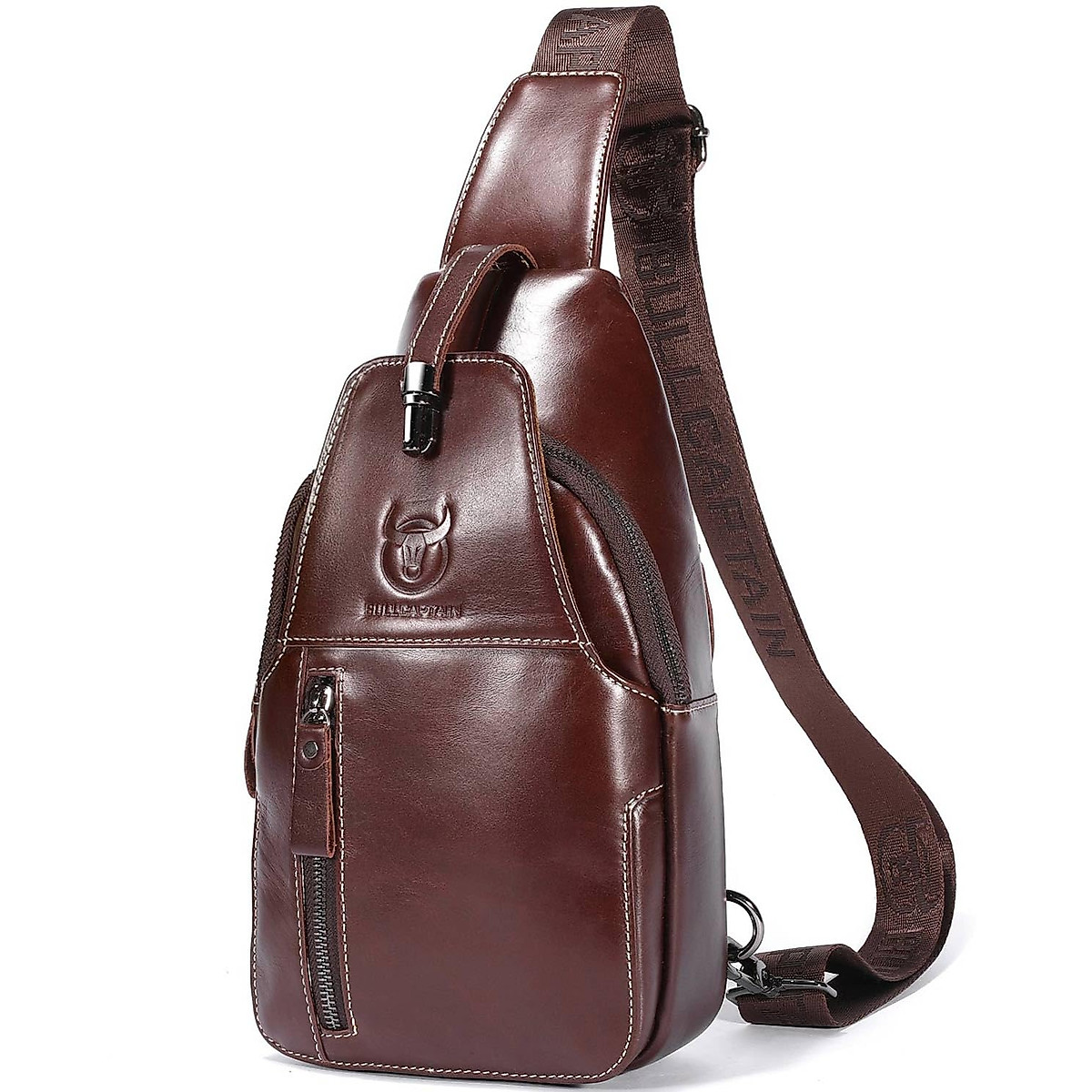 BULLCAPTAIN Genuine Leather Sling Bag Mens Crossbody Backpack for Hiking Casual Daypack Shoulder Chest Bag with USB Charging Port (Coffee)