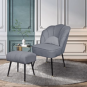 Velvet Accent Chair, Velvet Chairs Shell Sofa Chair With Footstool Ottoman, Modern Leisure Chair With Black Metal Legs & Golden Leg Base, Upholstered Chair for Living Room/Bedroom/Office, Dark Grey