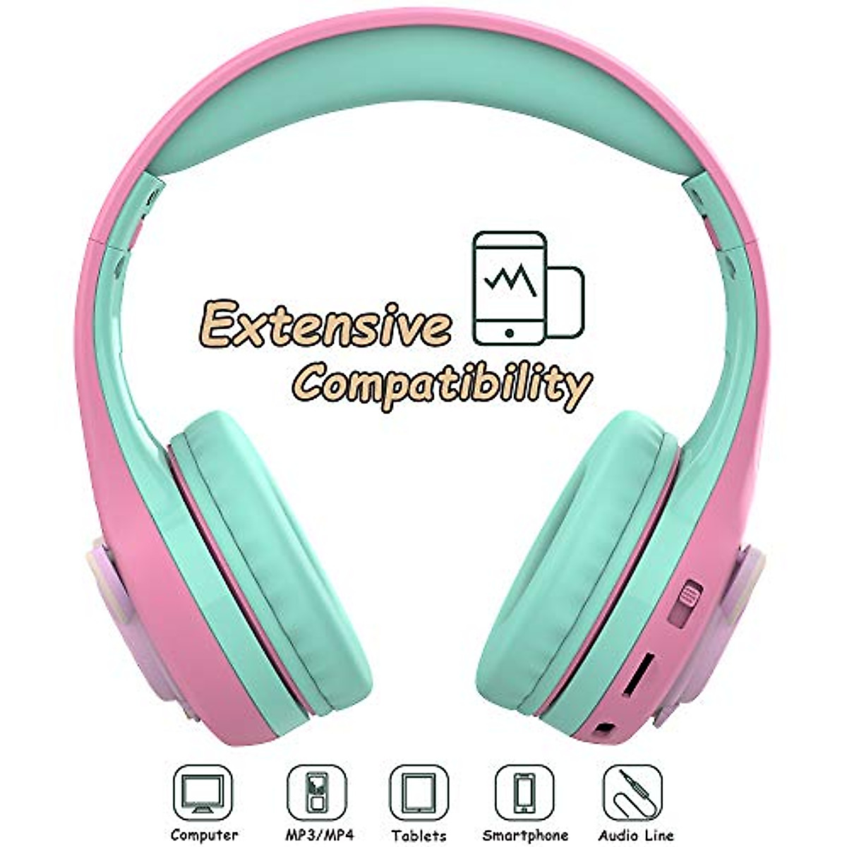 Riwbox Kids Headphones, CB-7S Cat Kids Toddler Headphones with LED Light, 75/85/95dB Volume Limited, Kids Bluetooth Headphones with Mic for School/Tablet/Girls (Pink)