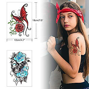 Konsait 15 Sheets Flower Temporary Tattoos for Women, Half Arm Tattoos Sleeves Stickers, Rose Flower Skull Butterfly Fake Tattoos, Arm Chest Shoulder Decorations Tattoos for Adults Girls Kids