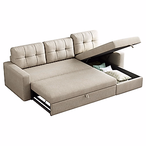 Ball & Cast 81.5" Convertible Sectional Sleeper Sofa, L-Shaped Upholstered Pull Out Couch Bed with Storage Recliner & Removable Back Cushions, Beige