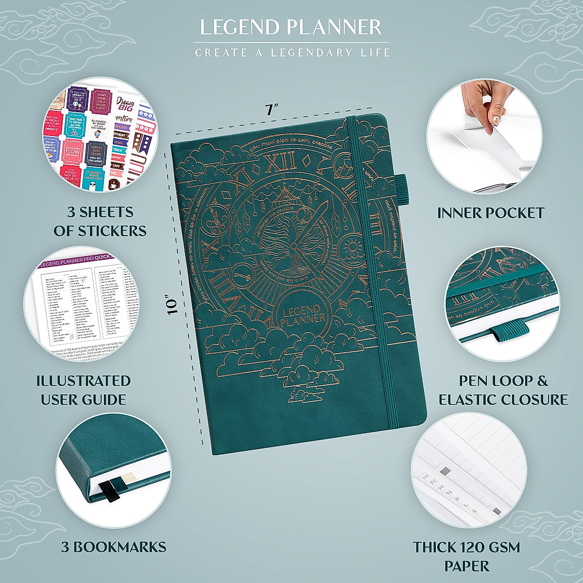 Legend Planner PRO – Deluxe Weekly & Monthly Life Planner to Increase Productivity and Hit Your Goals. Time Management Organizer Notebook – Undated – 7 x 10" Hardcover + Stickers – Dark Teal