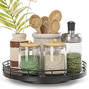 9" Oak Wood Lazy Susan Turntable Organizer, Lazy Susan for Cabinet Dining Table Pantry Wood Rotating Tray for Kitchen Countertop Coffee Table Decor Spinning Spice Can Organization and Storage Black