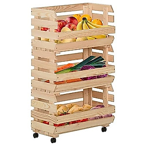 loibinfen Wooden Vegetable Trolley, 3-Tier Wood Kitchen Rolling Cart, Wood Trolley Island Cart, Utility Cart Multi-Layer Storage Shelf Rack on Wheels, 14.6"x11.8"x31.5" Solid Wood Pine -295