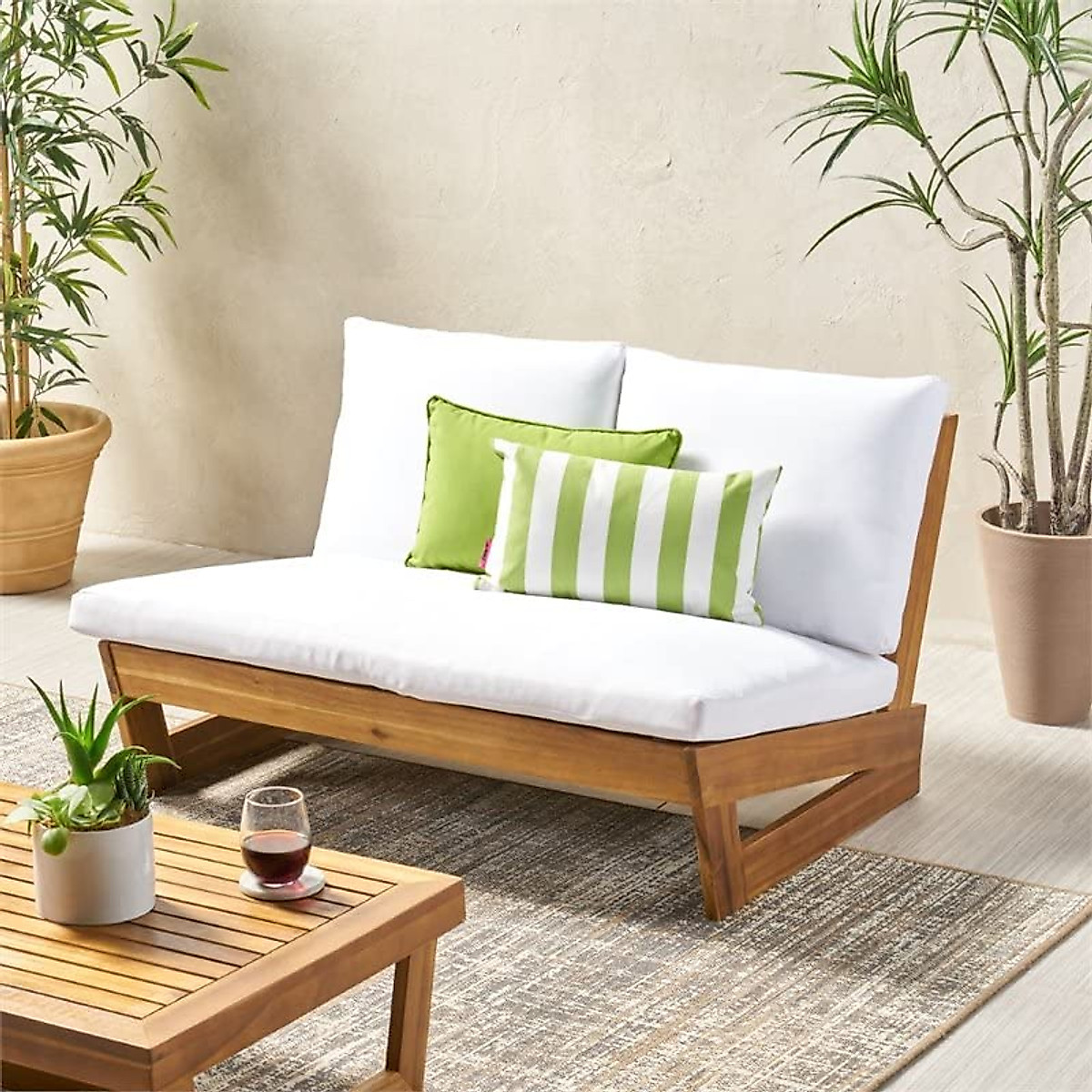 Great Deal Furniture Kaitlyn Outdoor Acacia Wood Loveseat with Cushions, Teak and White