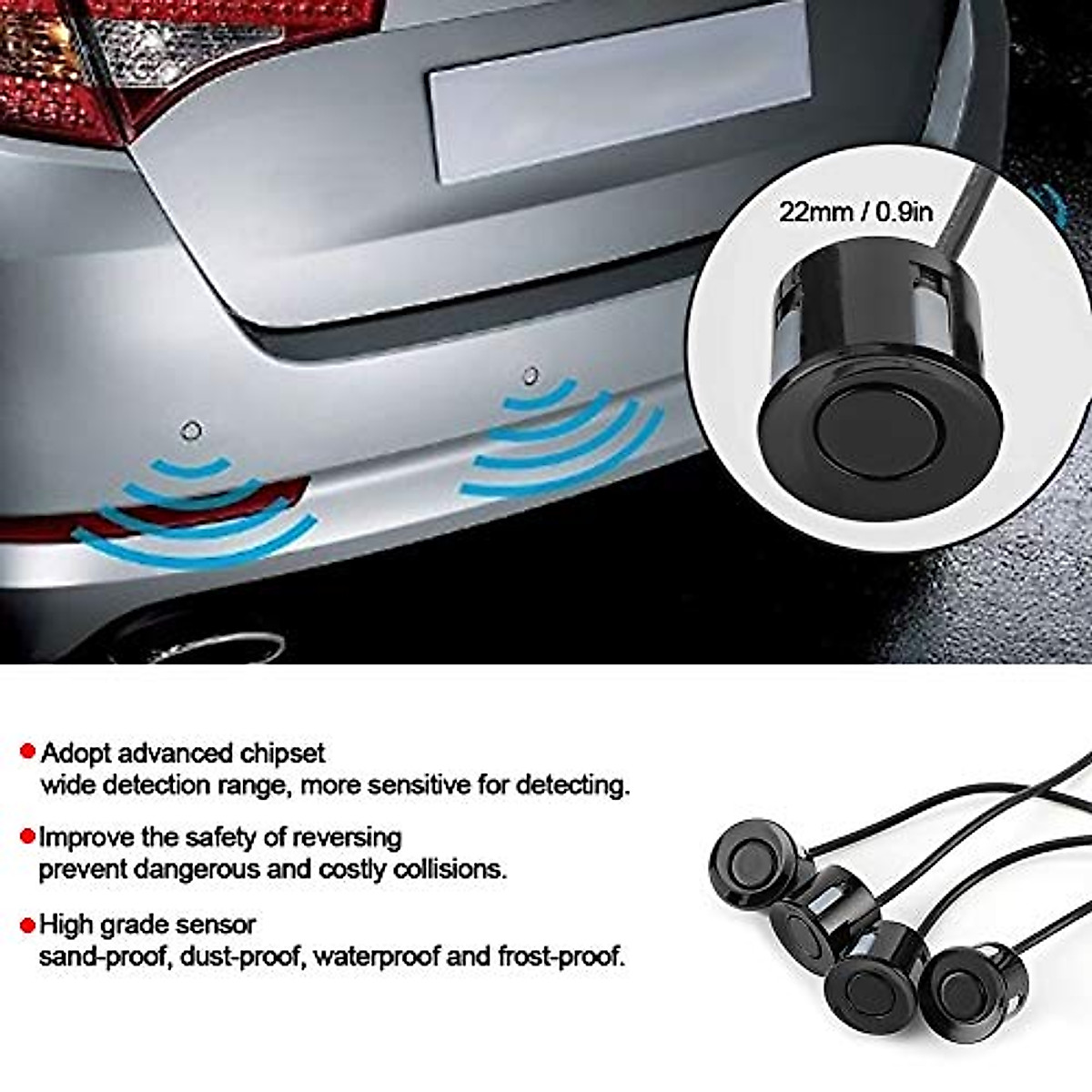 Akozon Car Reverse Backup Parking Sensor Radar System Reversing Assistance Kit with Audio Buzzer Alarm Alert