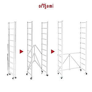 Origami R2 Series Folding Heavy Duty Steel Storage Rack Adjustable Shelving Portable Home Organization Unit with Wheels, Set of 2, White