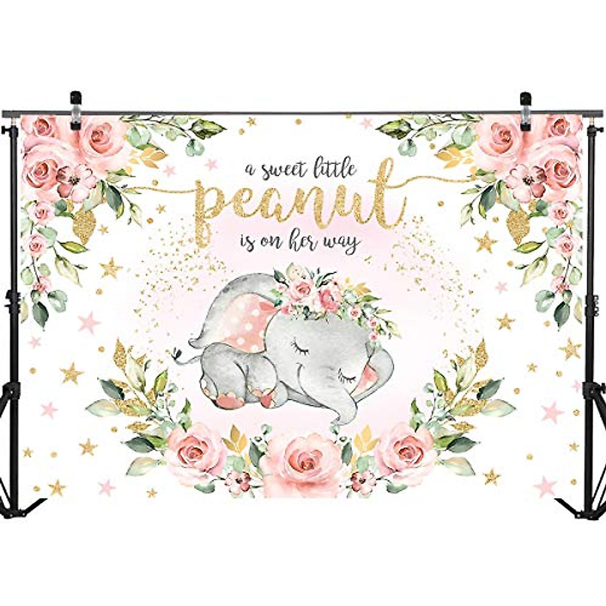 Mocsicka Baby Girl Elephant Baby Shower Backdrop Pink Floral Sweet Little Peanut is on Her Way Photo Backdrops Cute Elephant Party Cake Table Photography Background (7x5ft)