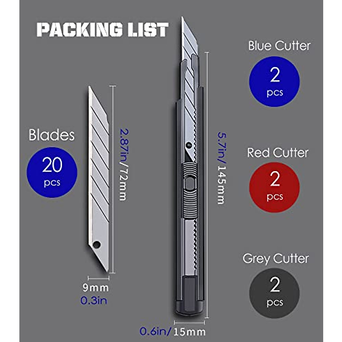 URASISTO 6 Pack Utility knife Retractable with 30 Degree Snap Off Blade Lockable Cardsharp Box Cutter Knife with Extra 20 Sharp Blades for Heavy Duty Office, Home, Arts Crafts, Hobby