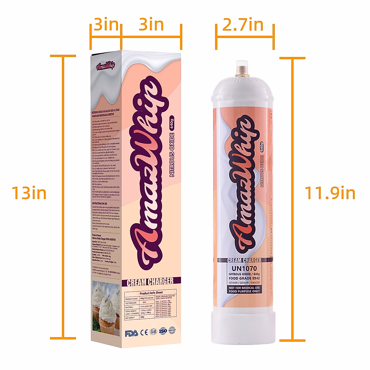 AMAZWHIP 640g Whipped Cream Charger - Pure N2O Whipped Cream Cylinder - 0.95 Liter Nitrous Oxide Chargers (640 gram) (4 cylinder)