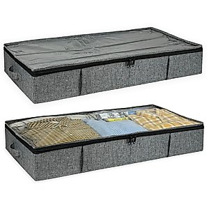 Clutter Mutter Gray Low Profile Under Bed Storage Containers 5 inches high, 33.8"x 17.7"x 5.1", Sturdy Underbed Shoe Storage Organizer, Foldable Fabric Under the Bed Storage Bins - Pack of 2