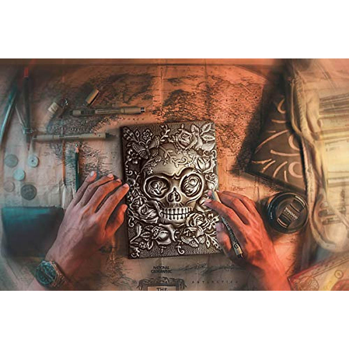 ZYWJUGE Embossed Leather Travel Journals Vintage Handcraft Embossed Skull Antique Diary Notebook (A5, Silver)