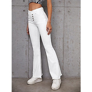 SweatyRocks Women's Casual High Waisted Flare Leg Jeans Raw Hem Bell Bottom Denim Pants White XS