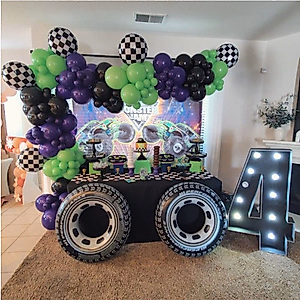 Monster Truck Theme Balloon Garland, 132pcs Black Green Dark Purple Balloon Arch with Car Wheel Balloon, Chessboard Foil Balloons for Monster Jam Theme Birthday, Baby Shower, Race Car Birthday Party