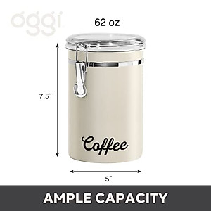 Oggi Stainless Steel Coffee Canister 62oz - Airtight Clamp Lid, Warm Gray, Tinted See-Thru Top - Ideal for Coffee Bean Storage, Ground Coffee Storage, Kitchen Storage, Pantry Storage. 5 x 7.5