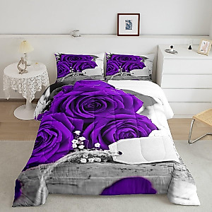 Romantic Rose Comforter Set Queen, Purple Rose Floral Bedding Set for Kids Teens Adult Romantic Bedroom Decor, Rustic Farmhouse Flowers Bedding Comforter Sets, Elegant Valentine Decor Down Comforter