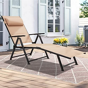 BNEHS Outdoor Lounge Chairs Set of 2, Folding Patio Lounge Chair, Tanning Chairs for Outside with Adjustable Back & Footrest, Suitable for Backyard, Poolside, Beach, Garden (Beige)