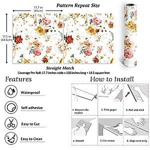 VEELIKE 17.7''x118'' Peel and Stick Wallpaper Vintage Pink/Red/Yellow Bouquet Floral Wallpaper Removable Self Adhesive Vinyl Decorative Contact Paper for Bedroom Bathroom Walls Cabinets