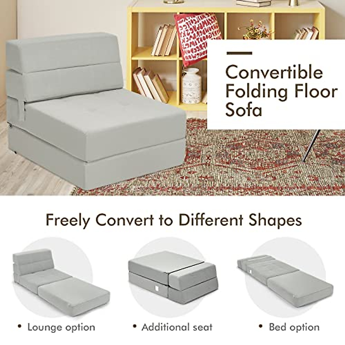 COSTWAY Triple Fold Down Sofa Bed, 3-in-1 Fold Floor Couch Lounge Sleeper with Thick Cushion, Flock Fabric, Convertible Design, Portable Single Guest Bed Mattress for Living Room Bedroom (Grey)