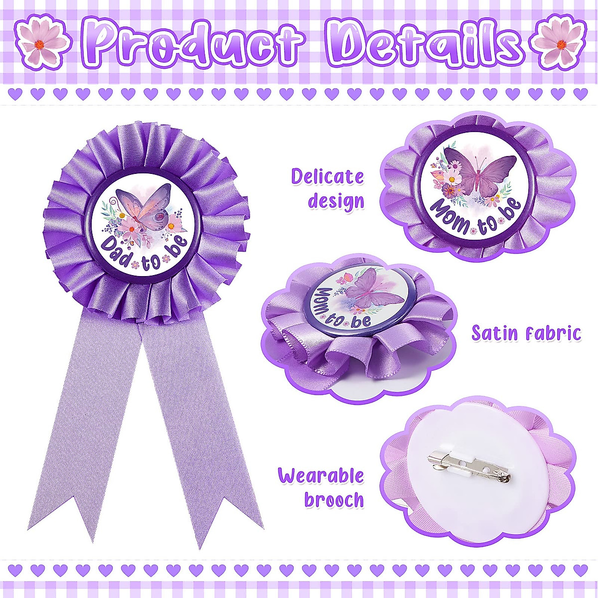 Butterfly Theme Mom to Be Sash Baby Shower Dad to Be Pin and Purple Flower Crown Headband for Gender Reveals Party Baby Shower Party Favors Decorations for Girls Pregnancy Photo Props Keepsake Gifts