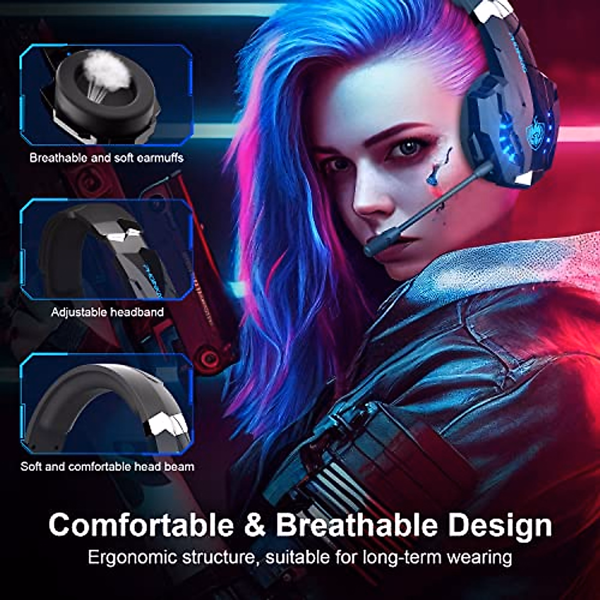 PHOINIKAS Wireless Gaming Headset with Microphone, G9000 2.4G Wireless Headset for PC PS4 PS5 Switch, Over Ear Headphones with 7.1 Stereo Sound, 3.5mm Wired Gaming Headset for Laptop/Phone/Tablet