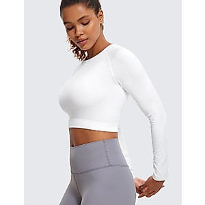 CRZ YOGA Seamless Long Sleeve Shirts for Women Workout Athletic Crop Tops Cropped Running Gym Yoga T-Shirts White Large