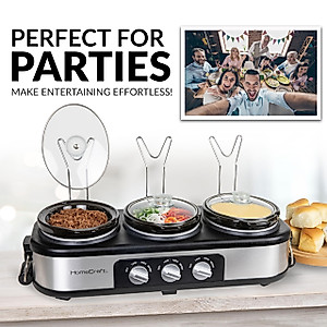 HomeCraft HCTSC15SS Stainless Steel 3-Station 1.5-Quart Oval Slow Cooker Buffet, with Lid & Spoon Rest, Adjustable Heat Control, Perfect for Parties, Holidays, Families